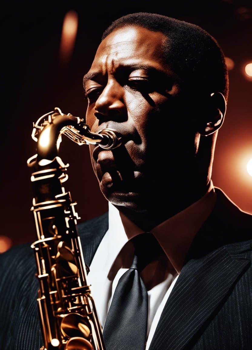 Close up of John Coltrane playing the saxophone in a dark smoky NYC ...