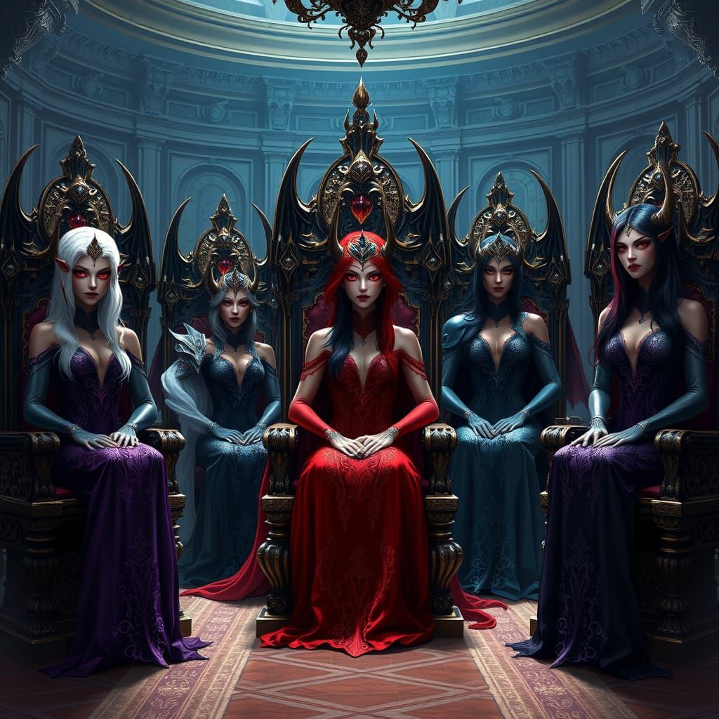 Regal Demon Empresses in Opulent Throne Room - AI Art