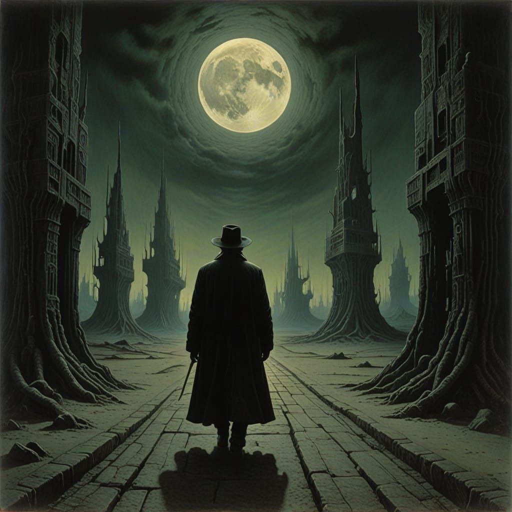 Man and Twisted Shadow Walk in Desolate Landscape - AI Art