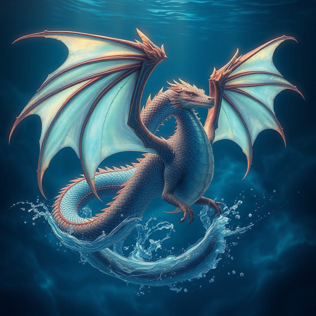 Water dragon with two legs - Majestic Aquatic Dragon in Glas...