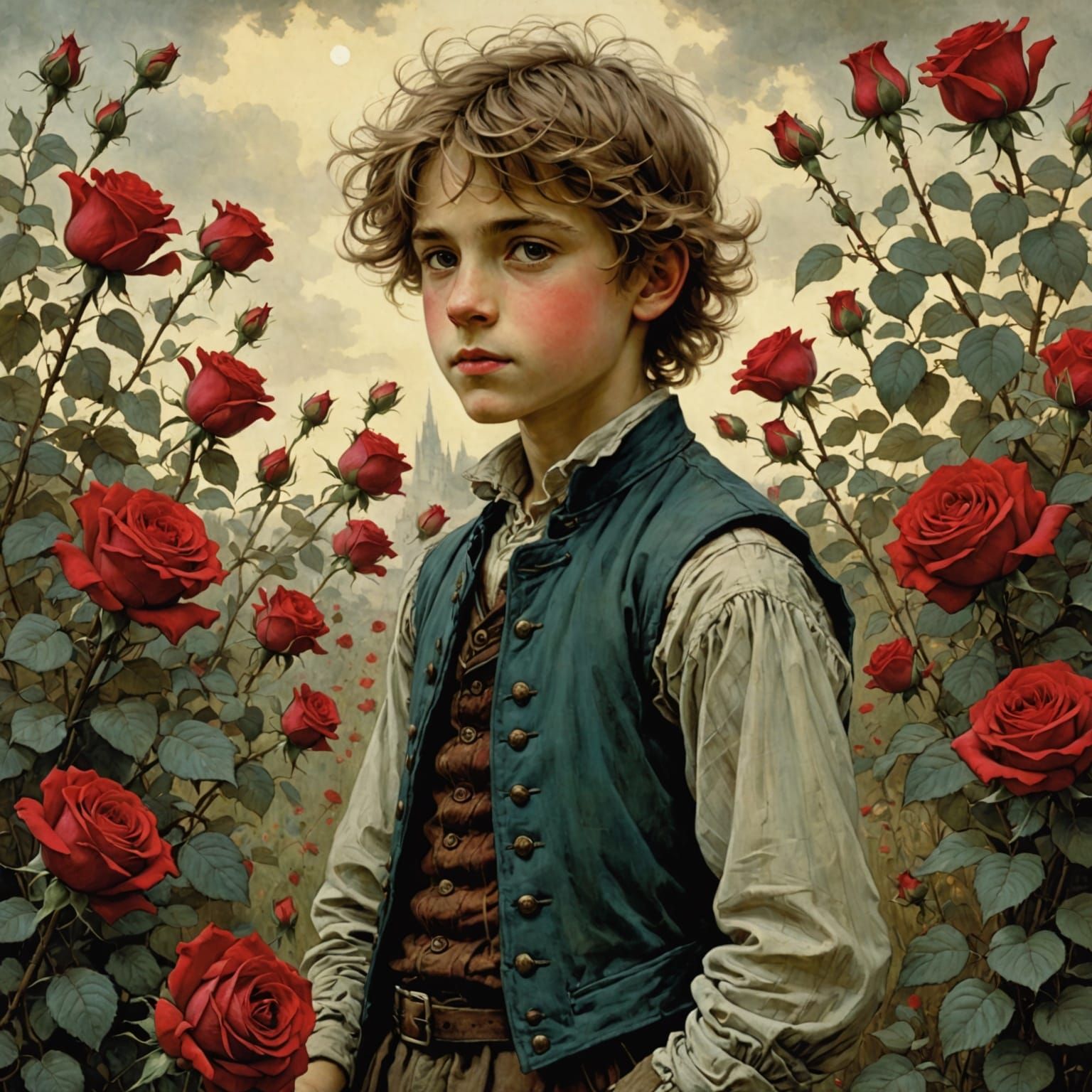 Thorny Roses - Whimsical Boy Amidst Vibrant Roses in a Fairy...
