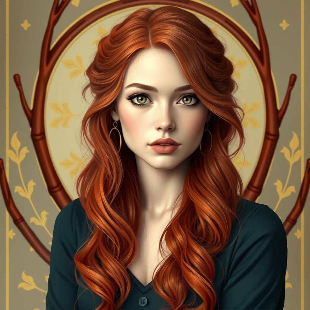 Woman with Red Hair and Queen of Wands Card - AI Art