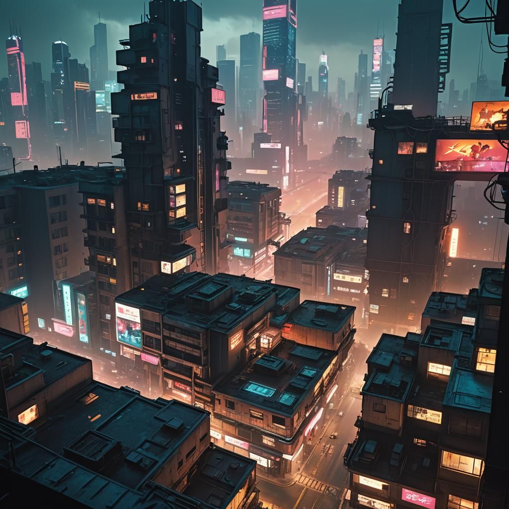 dystopia city scene, from within an apartment looking out over the city ...