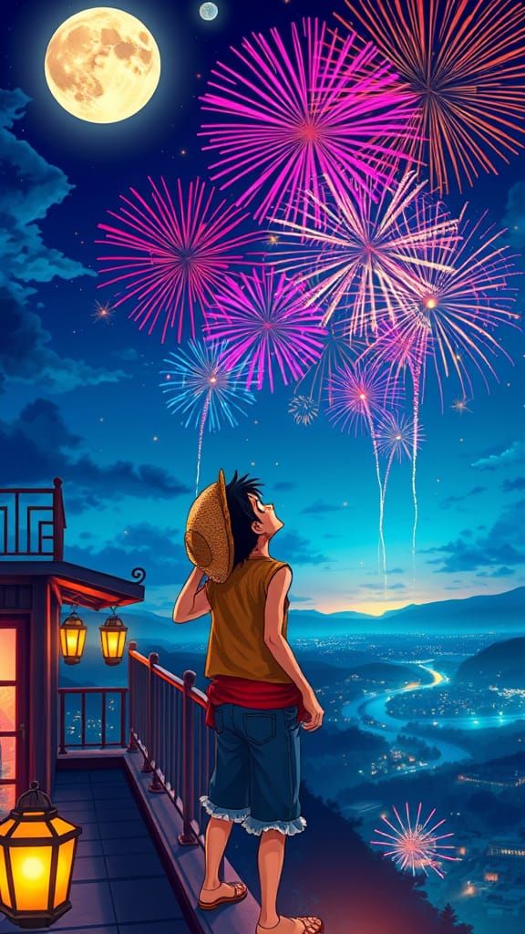 Luffy Gazing at Vibrant Fireworks under a Moonlit ... - AI Art