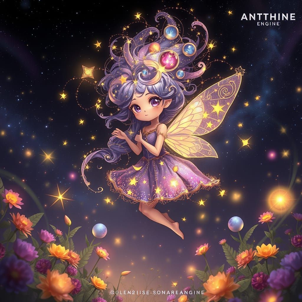 A whimsical sprite with hair made of pure starlight, adorned with ...