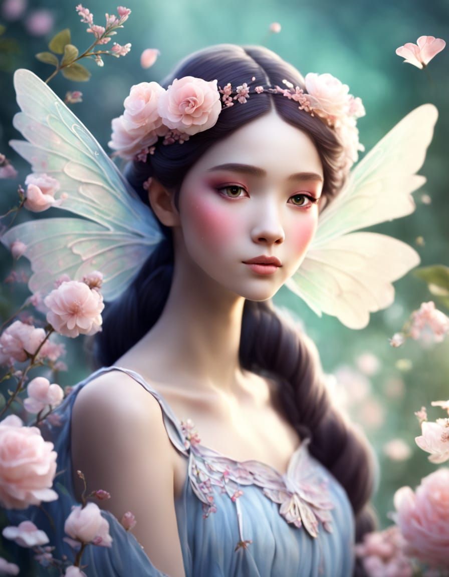 image featuring a gentle fairy with delicate rose petal wings and pastel-colored makeup, set in ...