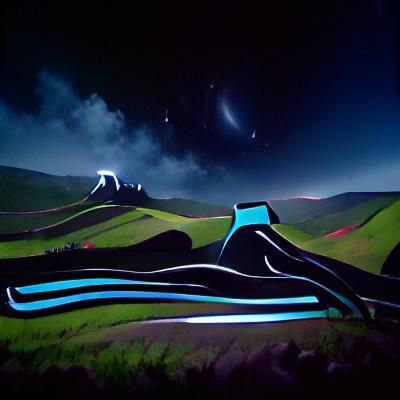 A dark landscape of rolling hills with TRON-style visuals, neon colours ...