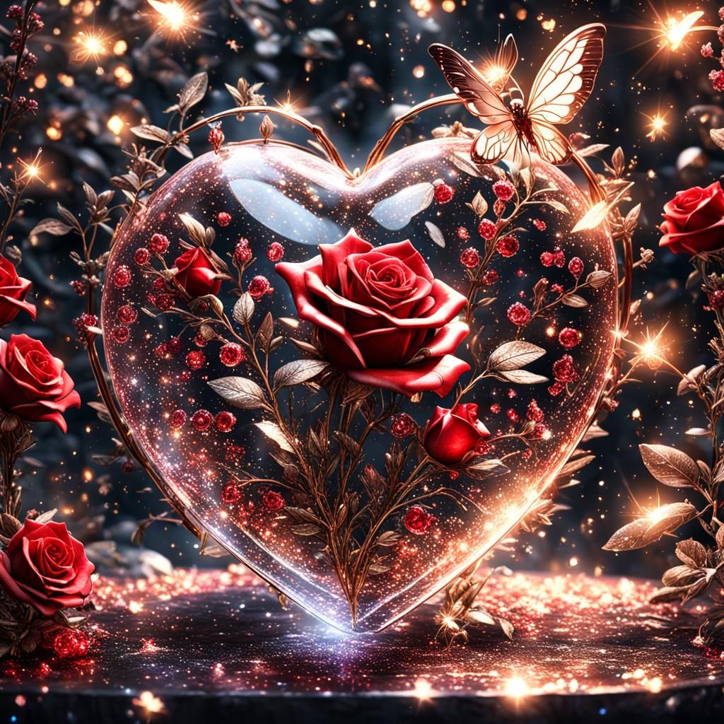 an epic crystallast render heart with a Fairy gems red roses inside ...