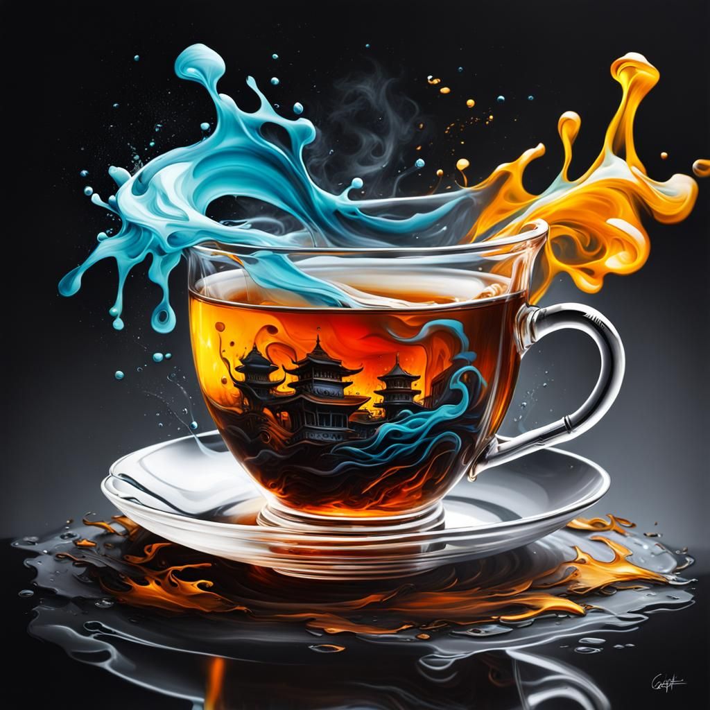 Glass and china teacup filled with smoky black tea, tea vapour swirling ...