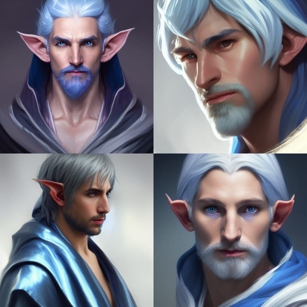 male half elf with silver hair and blue robes, head and shoulders ...