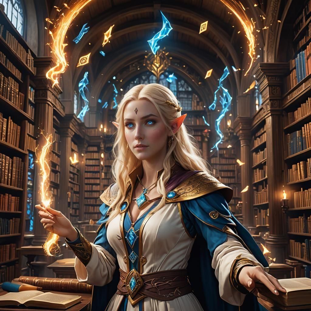 Colorful Half-Elf Wizard in Library with Runes - AI Art