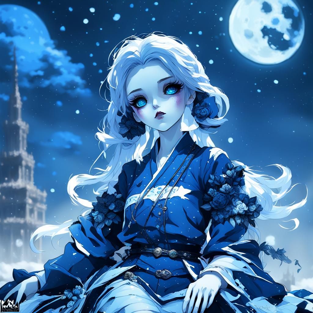 Girl (midnight colors ) with blue moon background, cute and soft ...