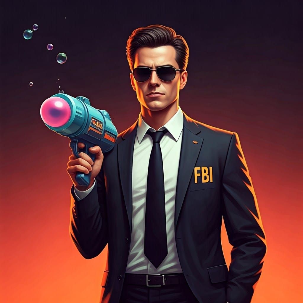 A super cool FBI agent holding a bubble gun that shoots bubble gum.