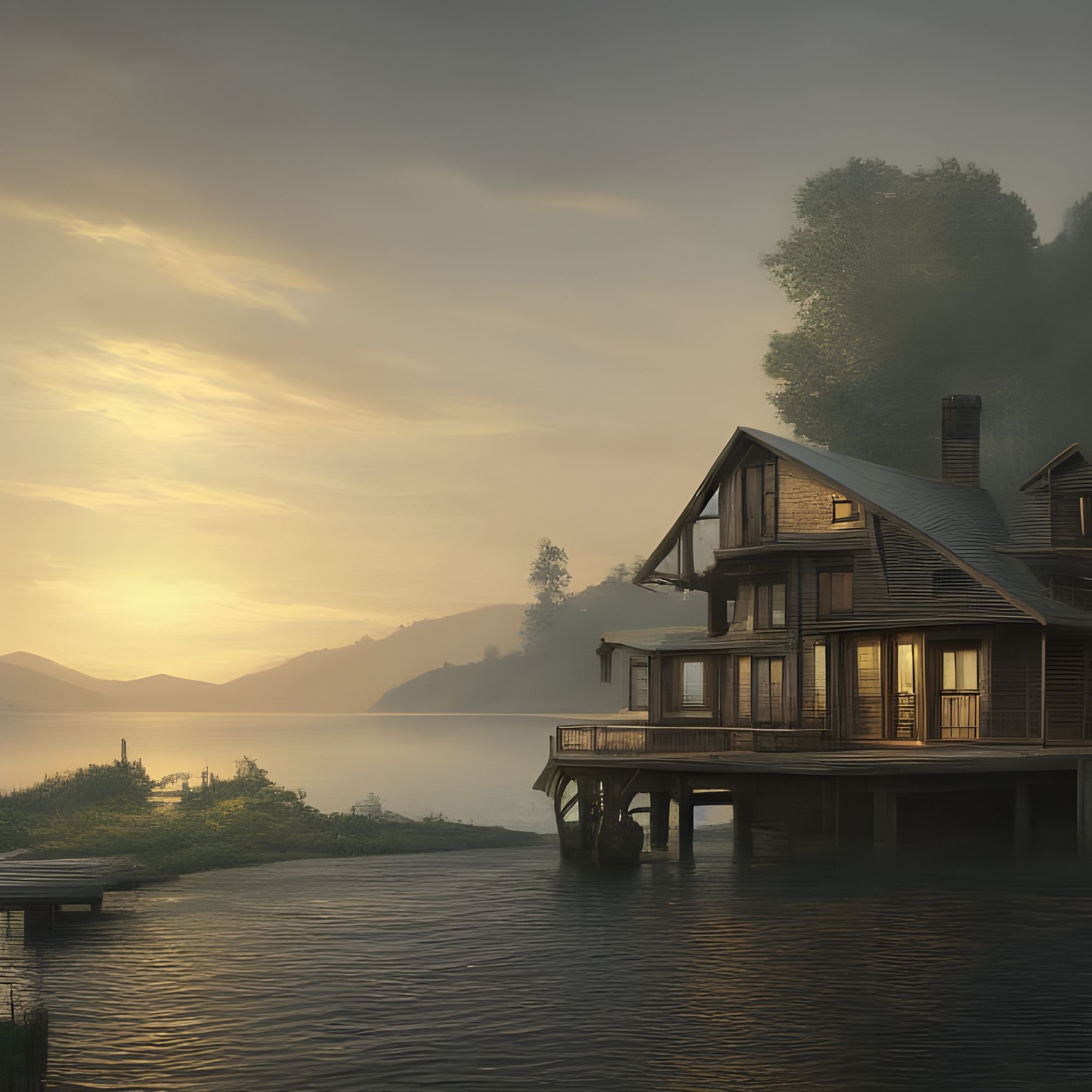 Lake House at Sunset : r/nightcafe