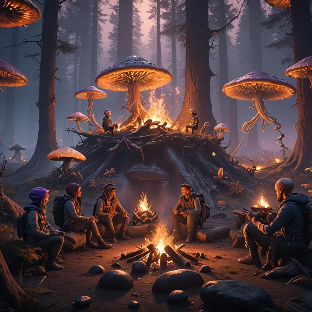 Aliens camping in the forest - AI Generated Artwork - NightCafe Creator