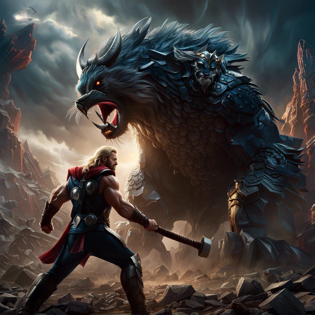 Thor fighting a huge monster - AI Generated Artwork - NightCafe Creator