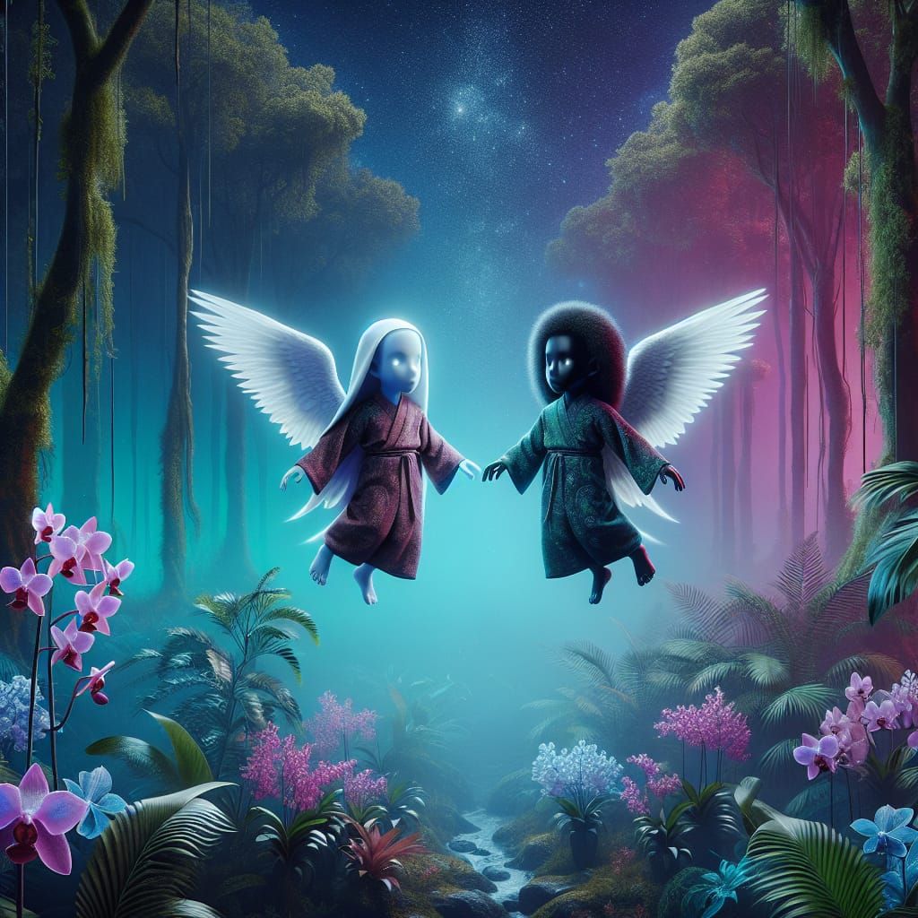 A hyper-realistic digital artwork of two beautiful tiny ghost micro ...