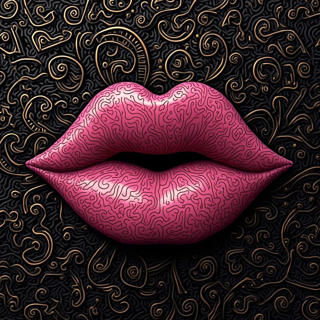 Golden Swirling Lips on Black Fractal Texture - AI Art
