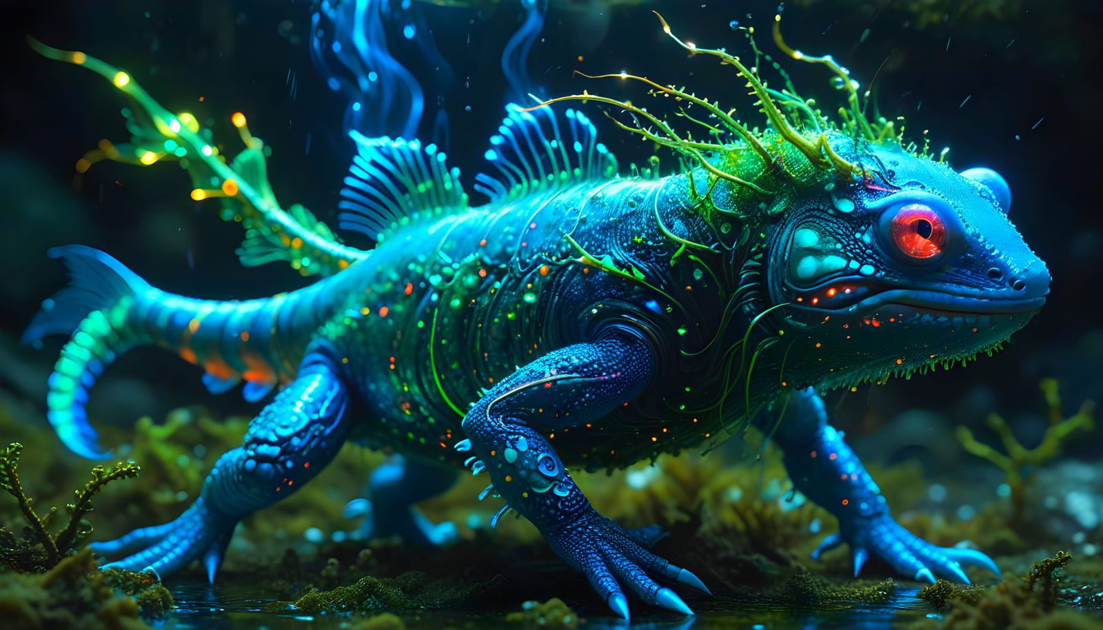 a ultraphotorealistic neon green and electric blue Axolotls with steam ...
