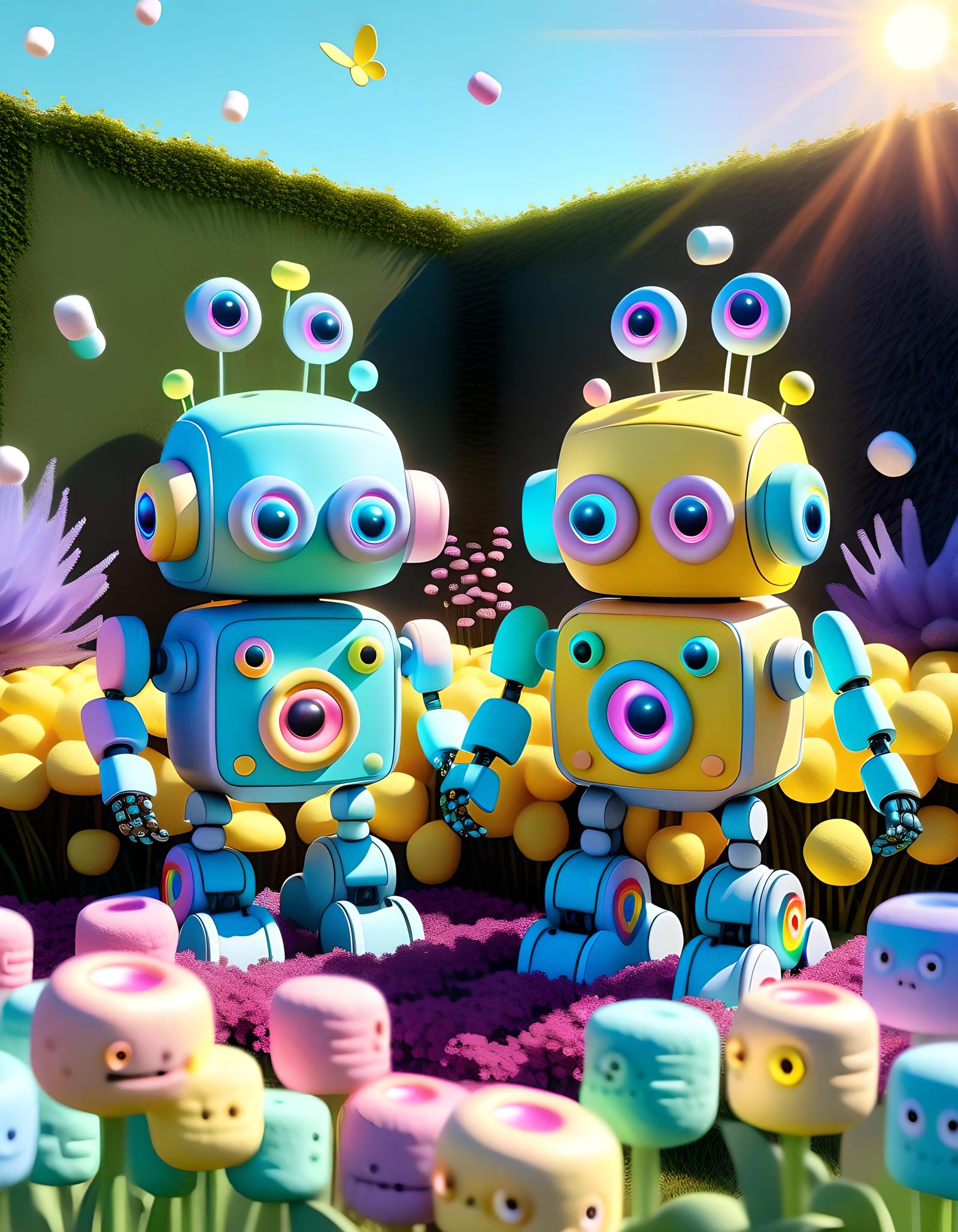 fluffy pastel colored googly eyed robots made out of googly eyes with ...