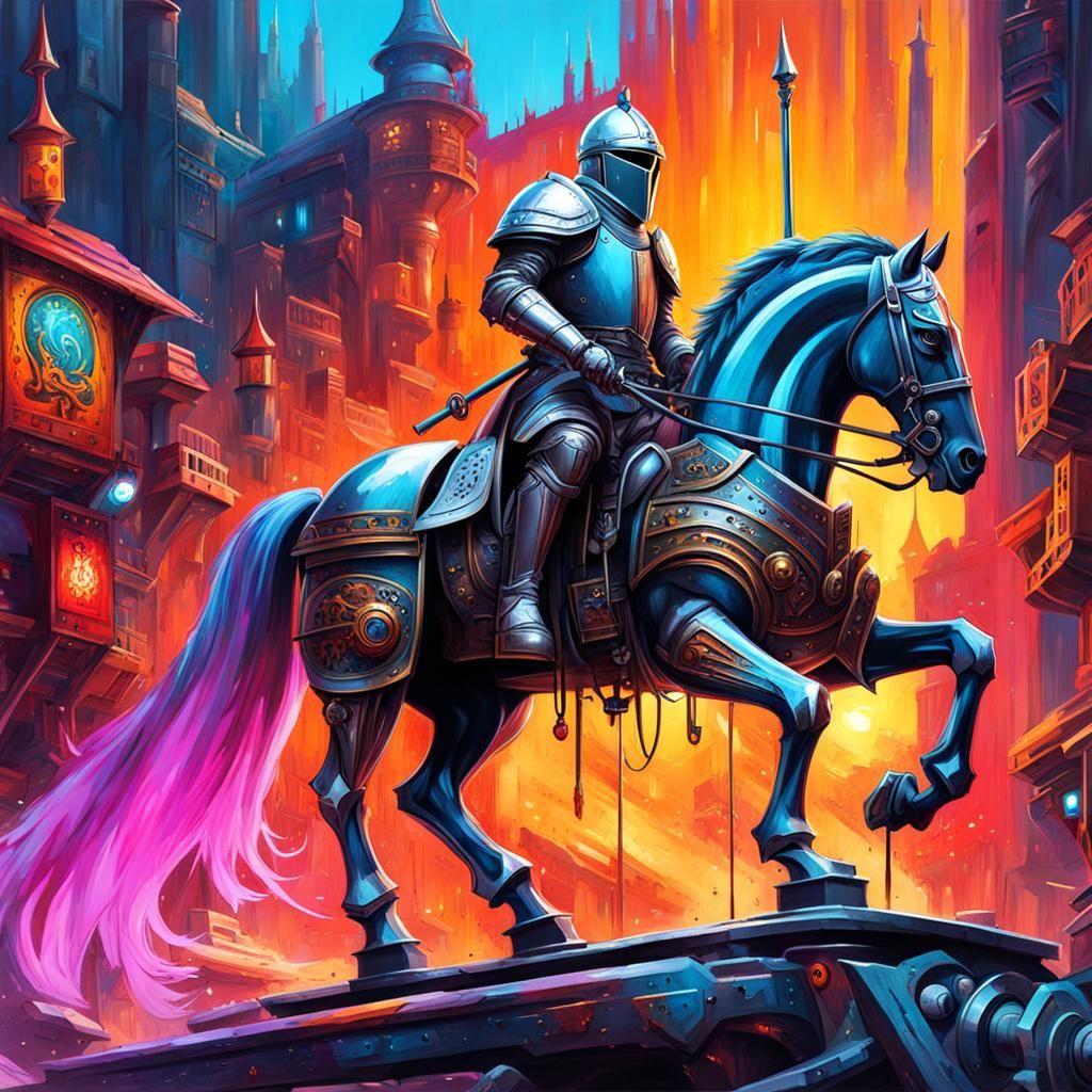 medieval knight on a mechanical horse in a sci-fi cyberpunk town ...