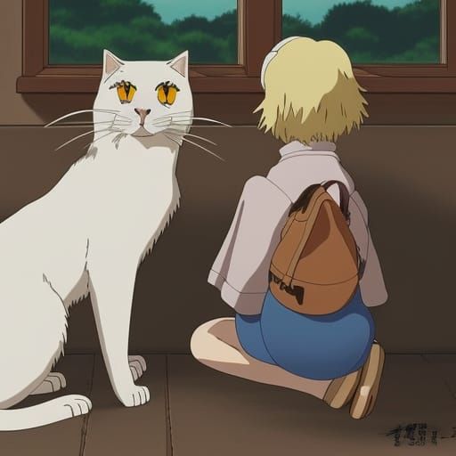 A studio ghibli art, a big white cat with brownish ears and back, a cute girl with blonde long ...