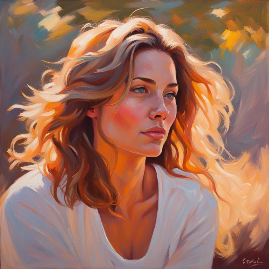 female portrait painting, in the style of soft, romantic landscapes, wavy, dmitri danish ...