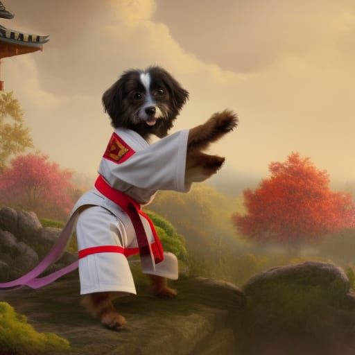 Cute dogs dressed in karaté kimono training karate / "detailed lovely ...
