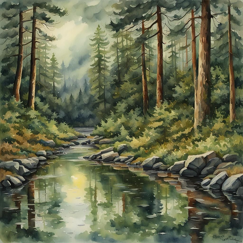 A watercolor painting of a creek in a rainstorm in a green pine forest ...