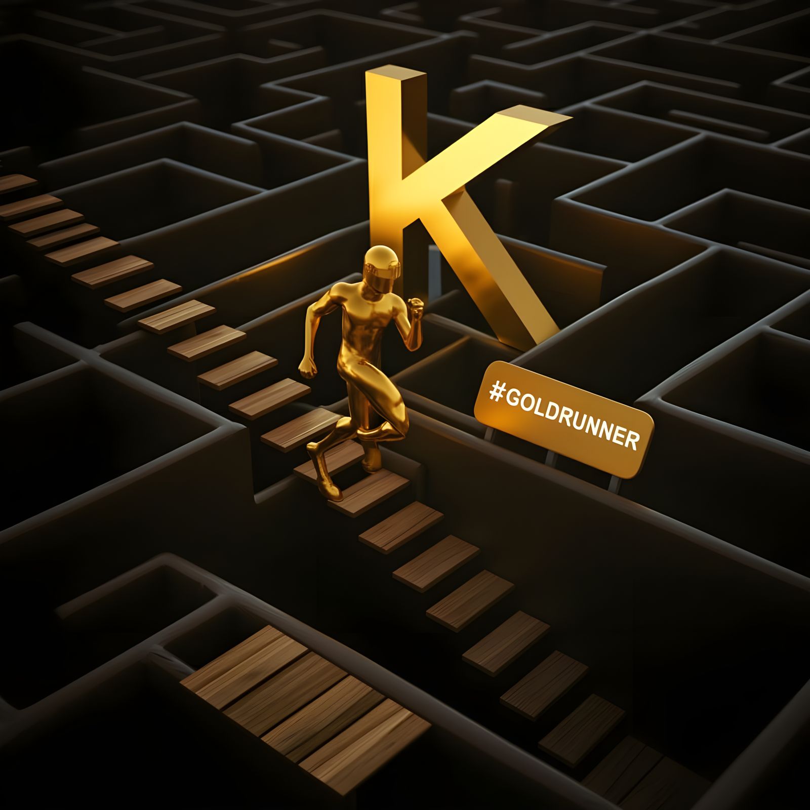 Golden Runner in Cyberpunk Labyrinth - AI Art