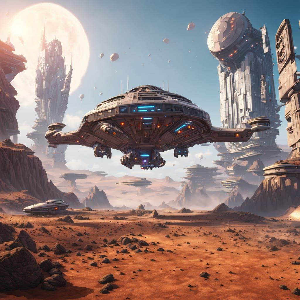 Sci-fi alien spacecraft landing on a giant robotic infested planet. Big ...