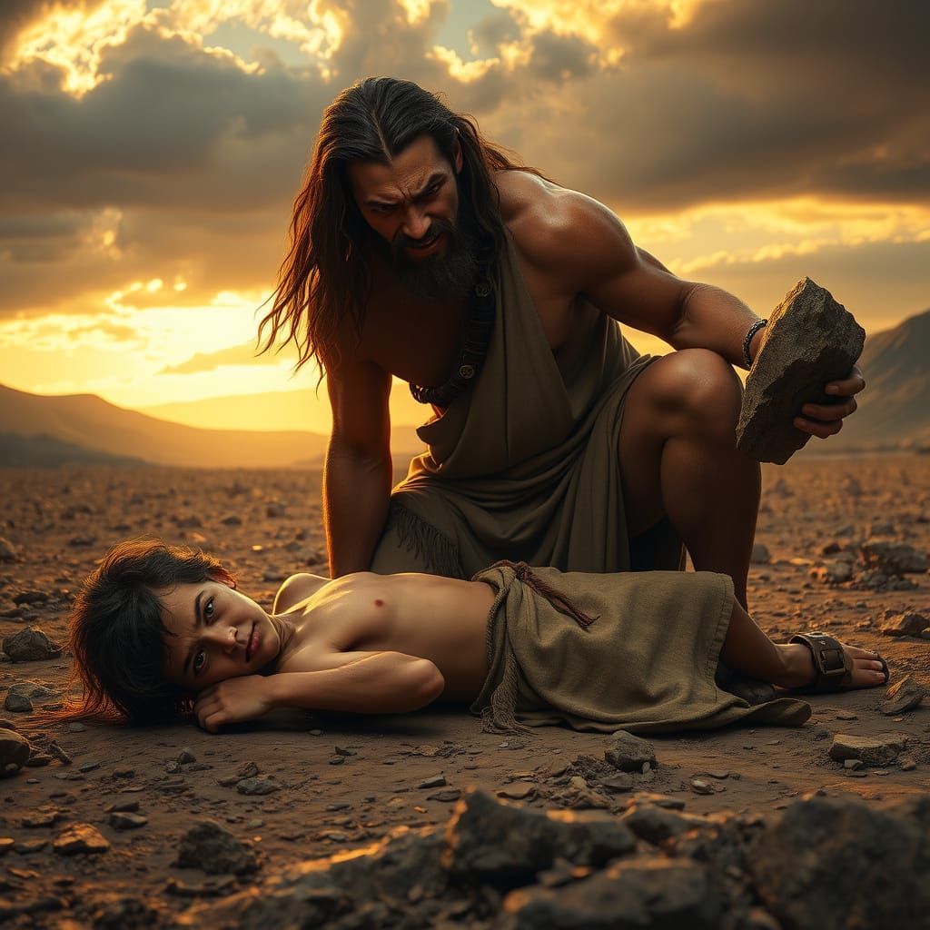 Tense Moment in Ancient Landscape: Cain and Abel - AI Art