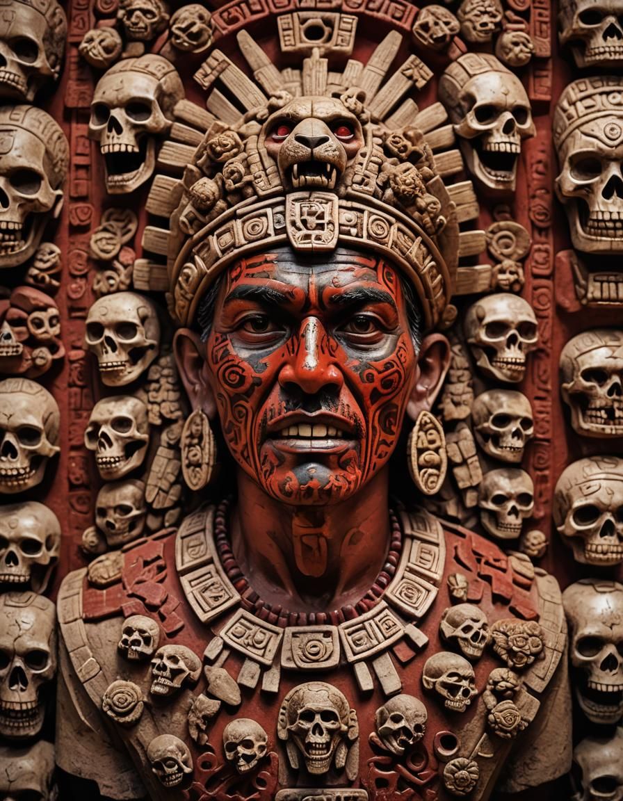 Blood-Splattered Aztec Priest in Jaguar Mask, Amid... - AI Art