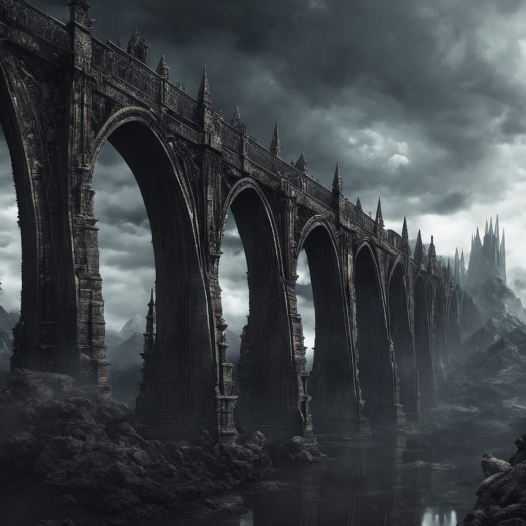 Foreboding long massive black stone bridge, forbidden, arches, spires ...