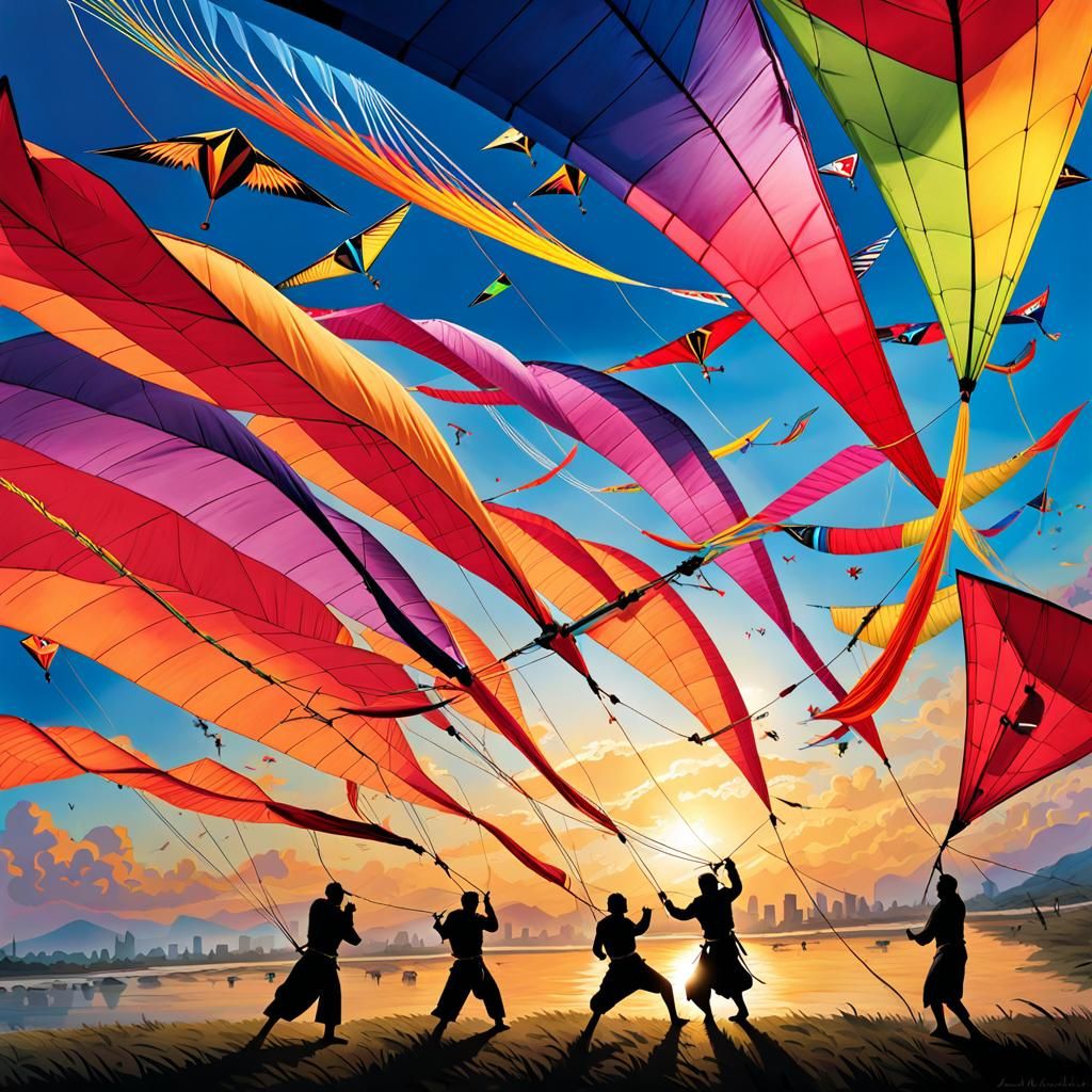 Kite flyers battle with the wind, as it buffets, twists, and deforms ...