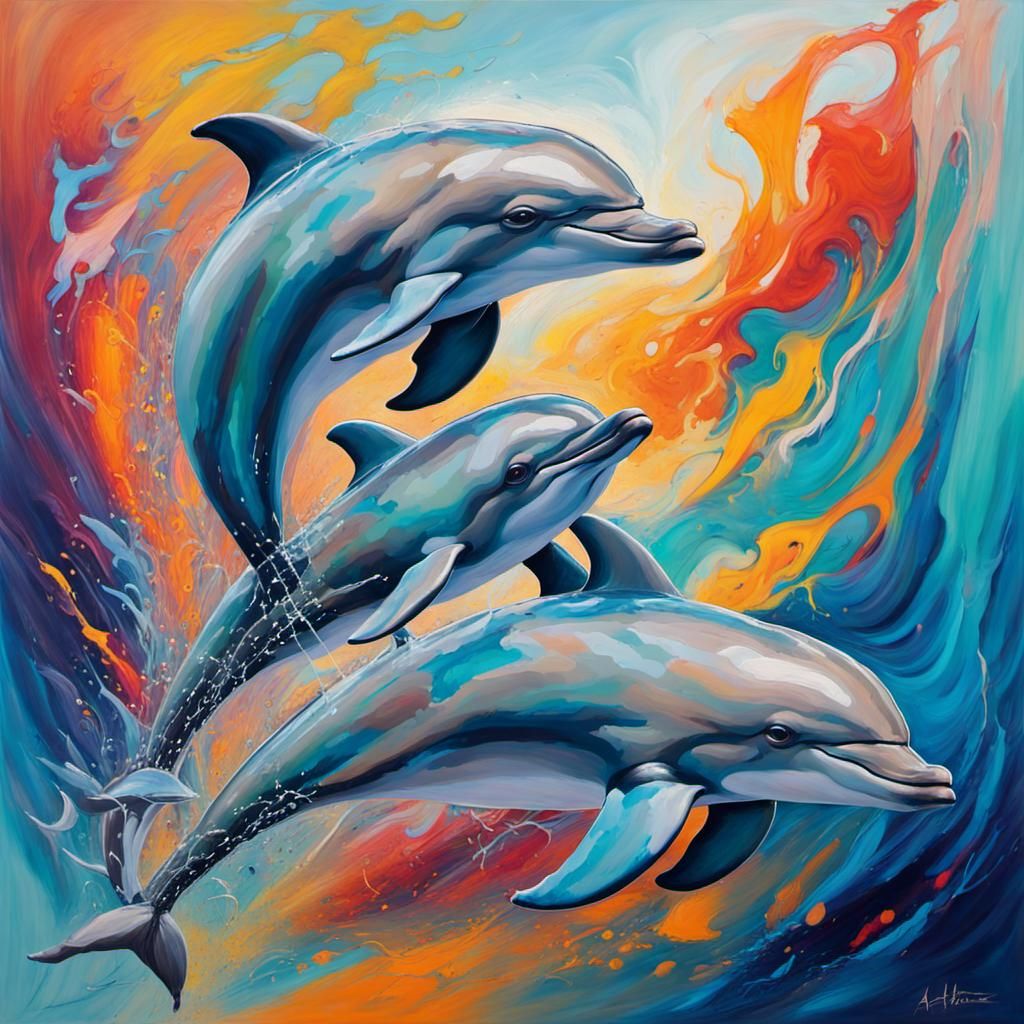 Joyful Dolphins Dance in Abstract Brushstrokes - AI Art