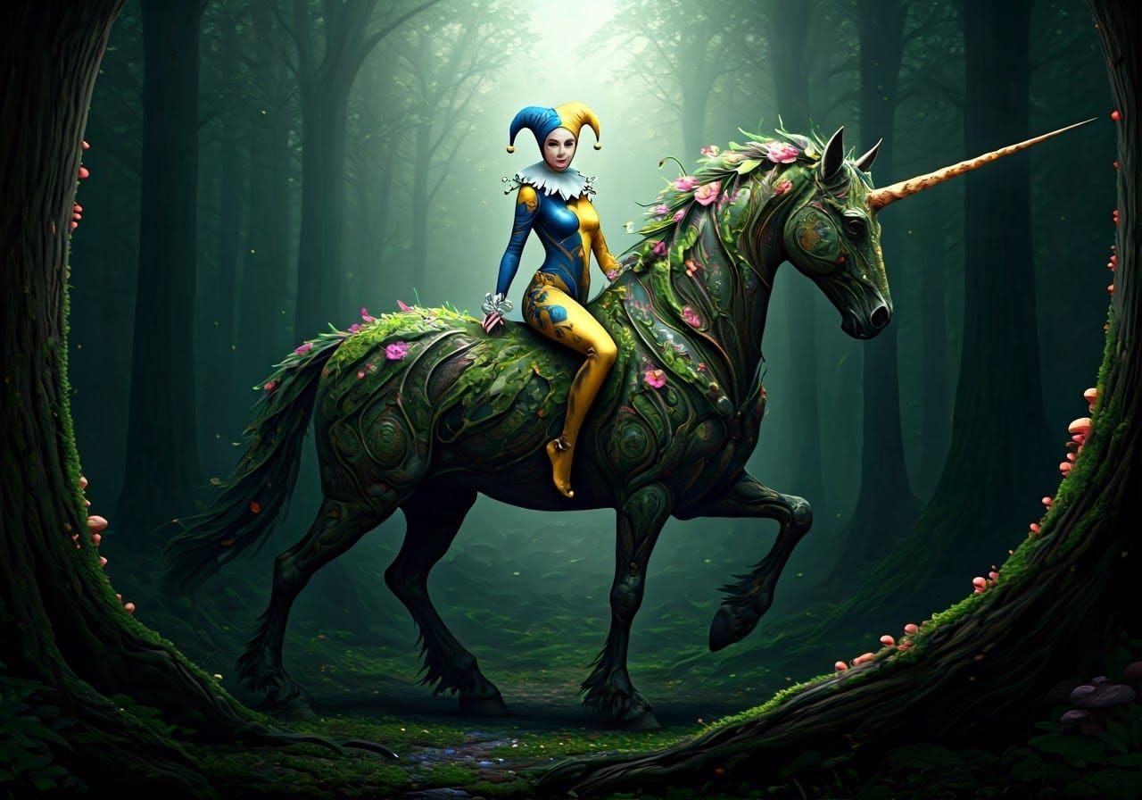 The jester and the unicorn in enchanted forest