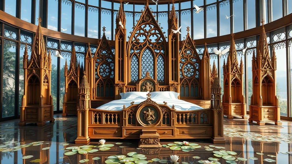 Gothic Wooden Cathedral Bed in a Glass-Walled Room - AI Art