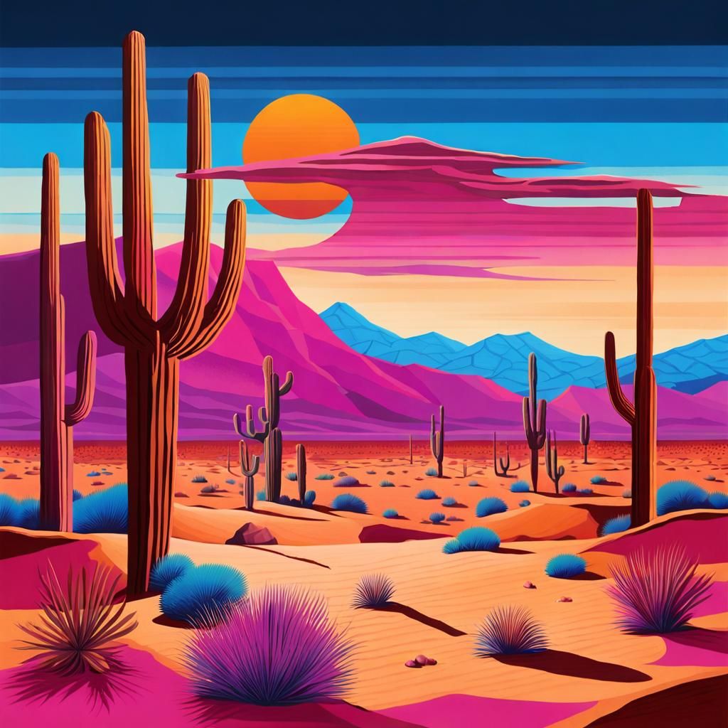 A surreal rule-of-thirds cell shading painting of a desert scene with a ...
