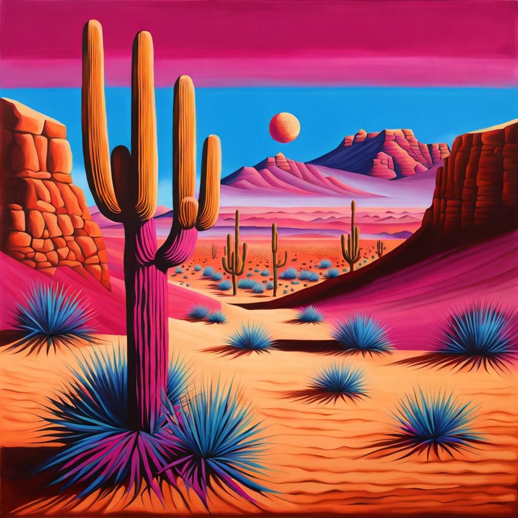 A surreal rule-of-thirds cell shading painting of a desert scene with a ...