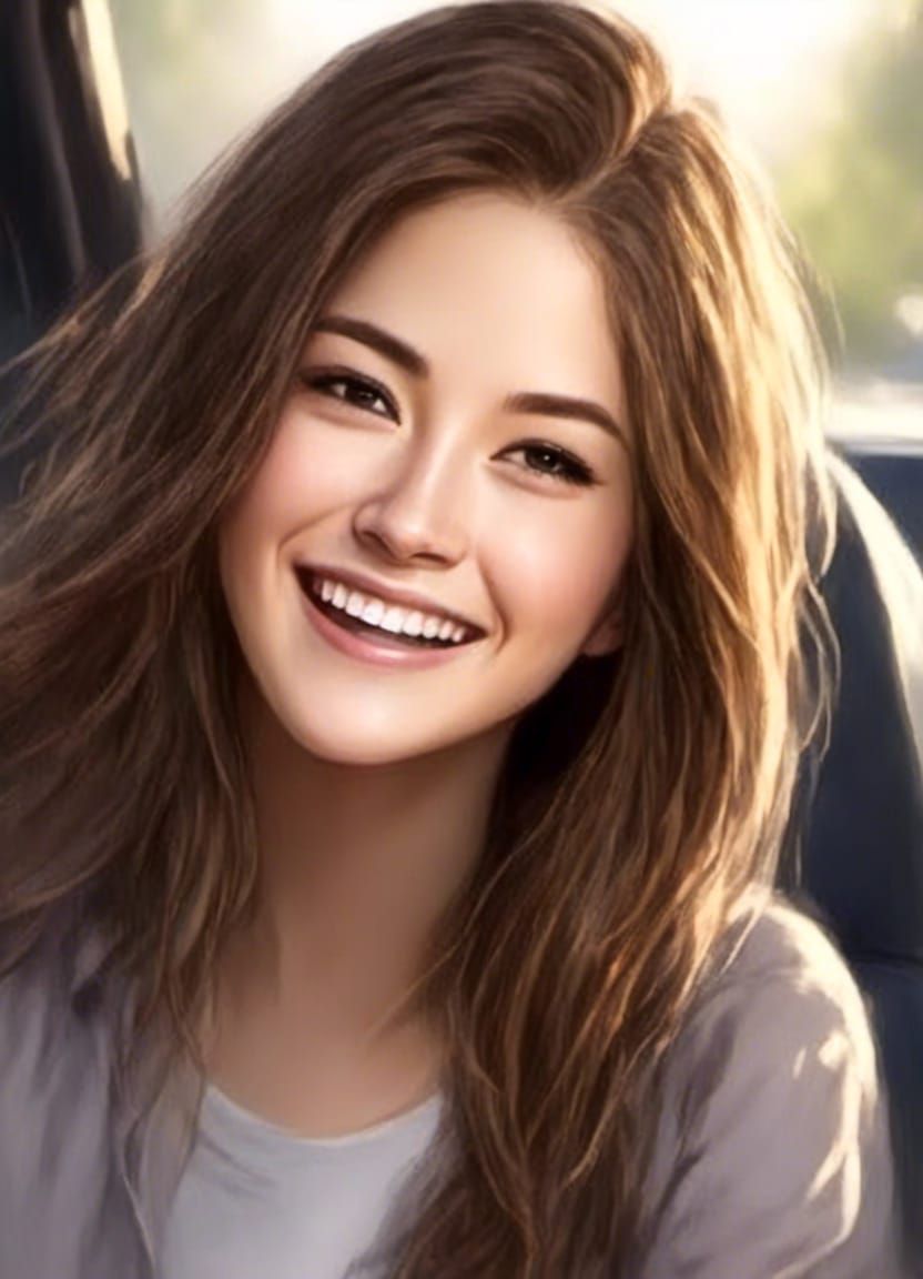 photorealistic anime art, portrait of , casual dress, driving a car ...