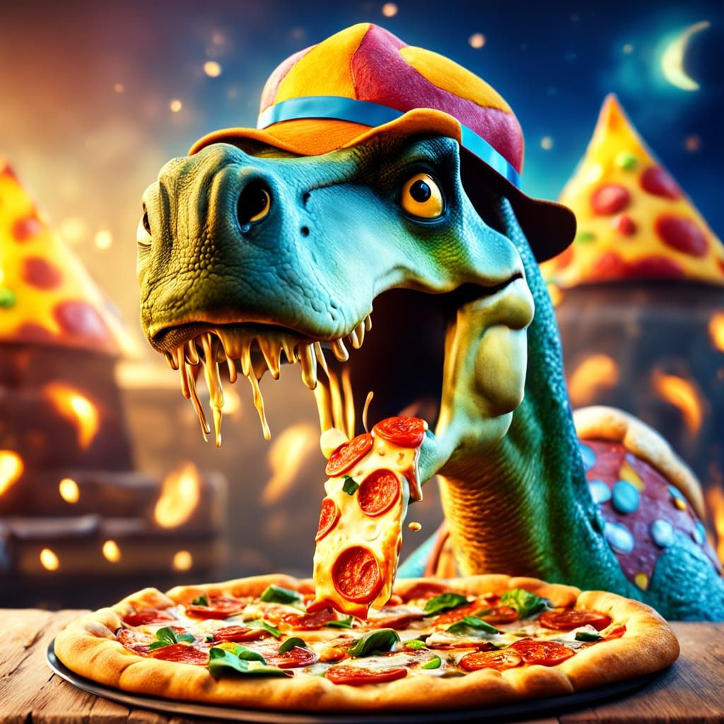 Surreal Diplodocus with Pizza Hat, Macro Photograp... - AI Art