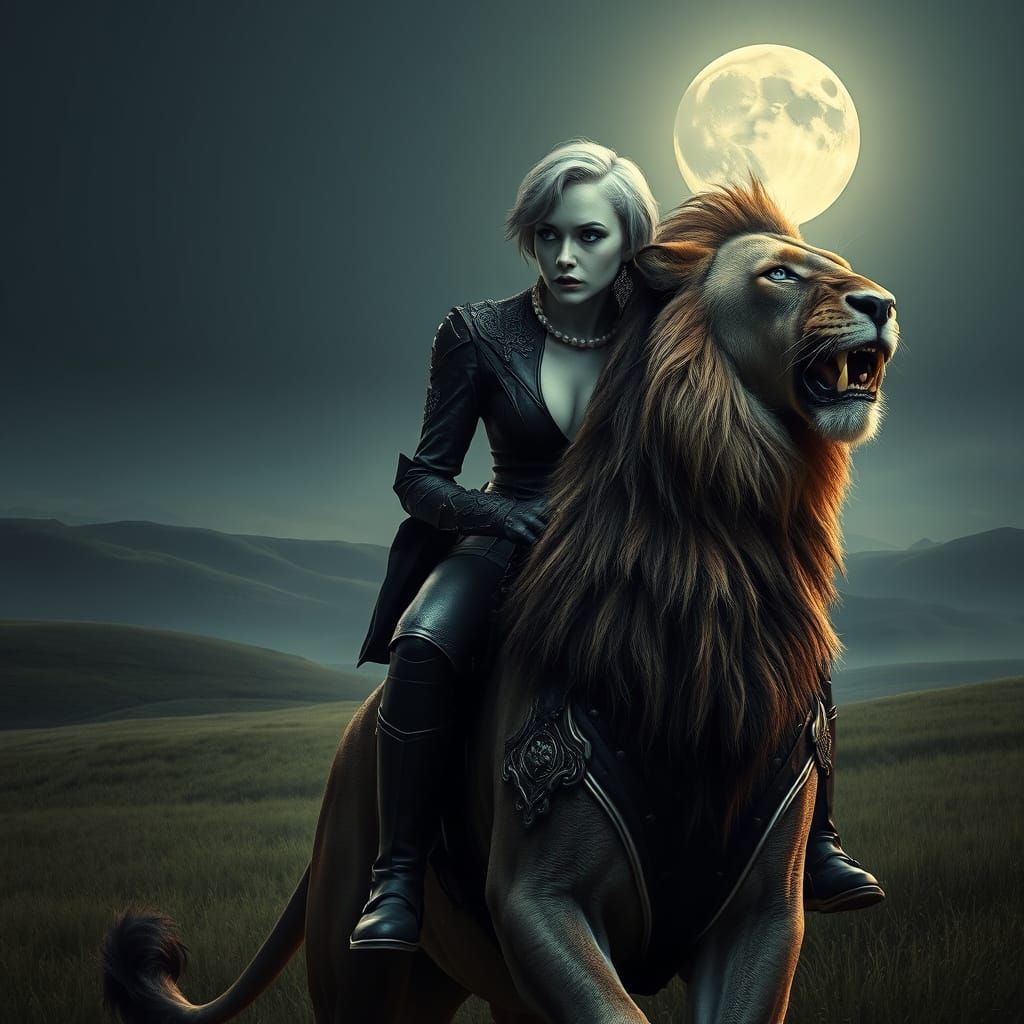 Gothic Vampire Goddess Rides Regal Lion Under Full... - AI Art