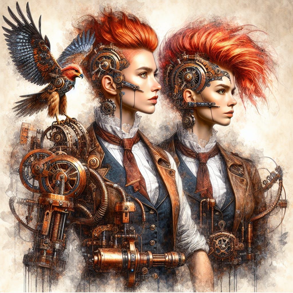 Steampunk engineers and clockwork hawk - AI Generated Artwork ...