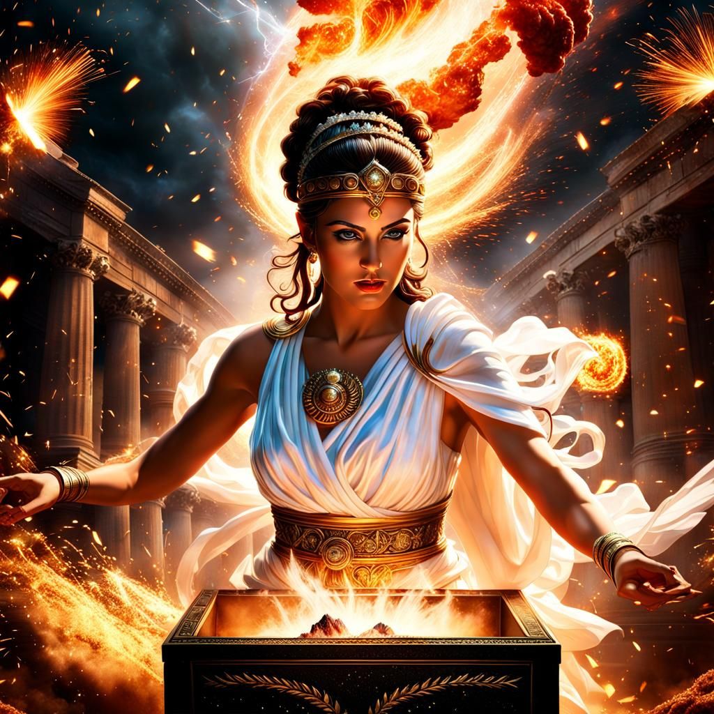 close up of a a roman goddess in sheer white toga opening a pandoras ...
