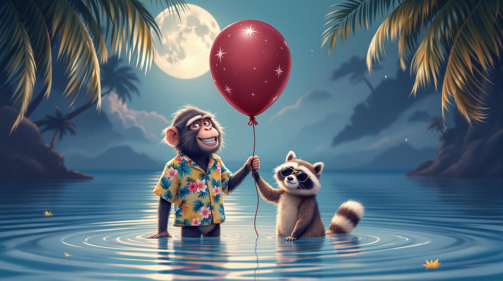 Baboon & Raccoon's Maroon Balloon in a Lagoon at Full Moon