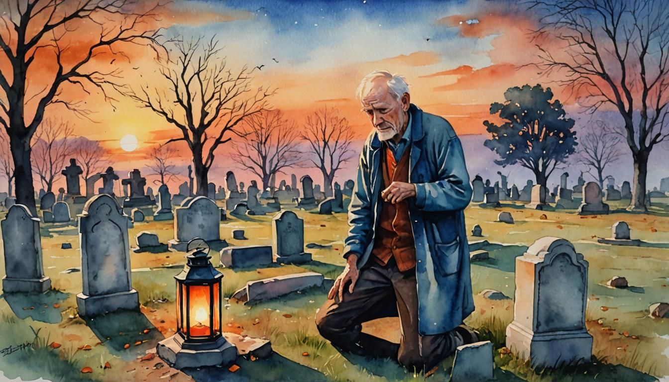 old man crying, graveyard, sunset, orange, blue, lantern, watercolor ...