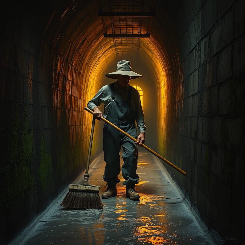 a sewer cleaner - A Lone Sewer Sweeper Illuminated by Faint ...