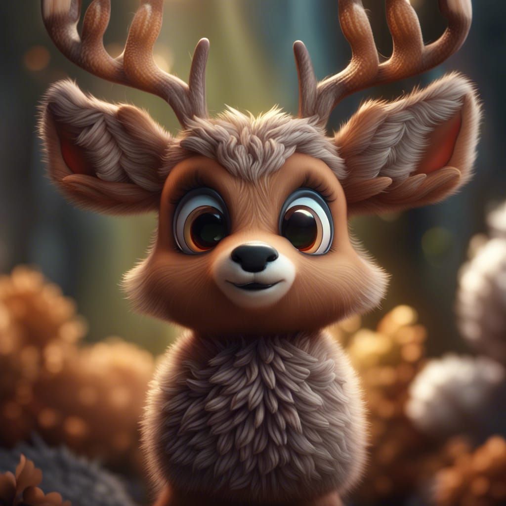 3d fluffy deer, closeup cute and adorable, cute big circular reflective ...