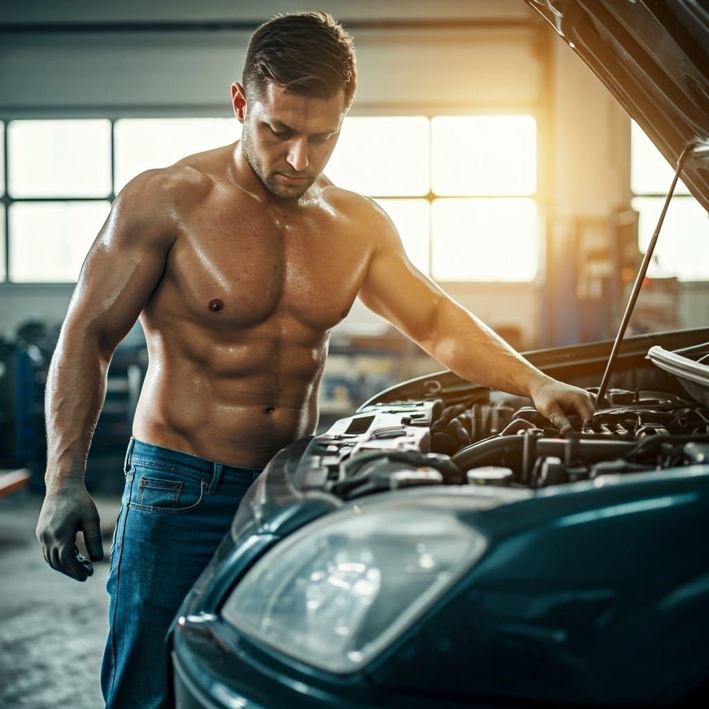 Shirtless Car Mechanic in a Sunny Garage, Inspired... - AI Art